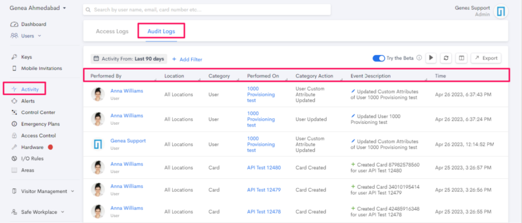 Audit and Access Logs for Physical Access Control - Genea