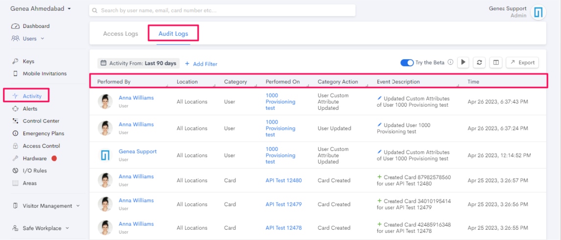 Audit and Access Logs for Physical Access Control - Genea